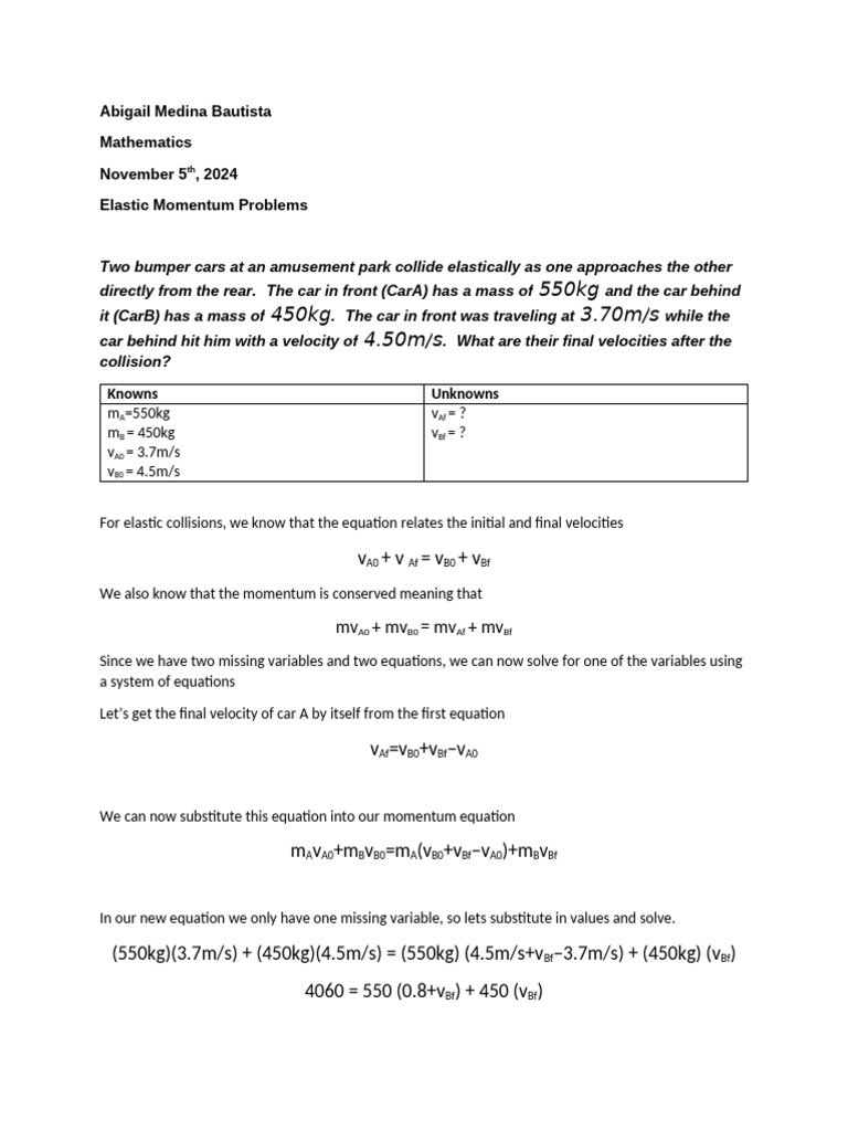 Elastic and Inelastic Collision Analysis | PDF | Momentum | Equations