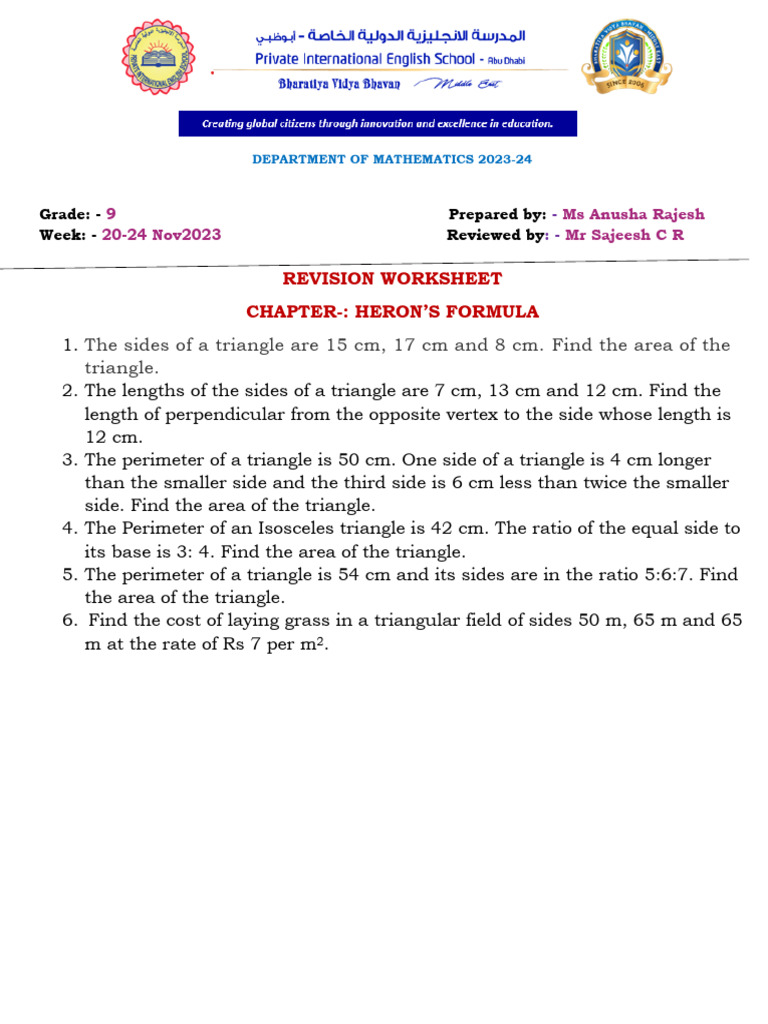 Revision Worksheet-Herons Formula - (20-24 Nov) 2023-24 | PDF | Home & Garden | Art