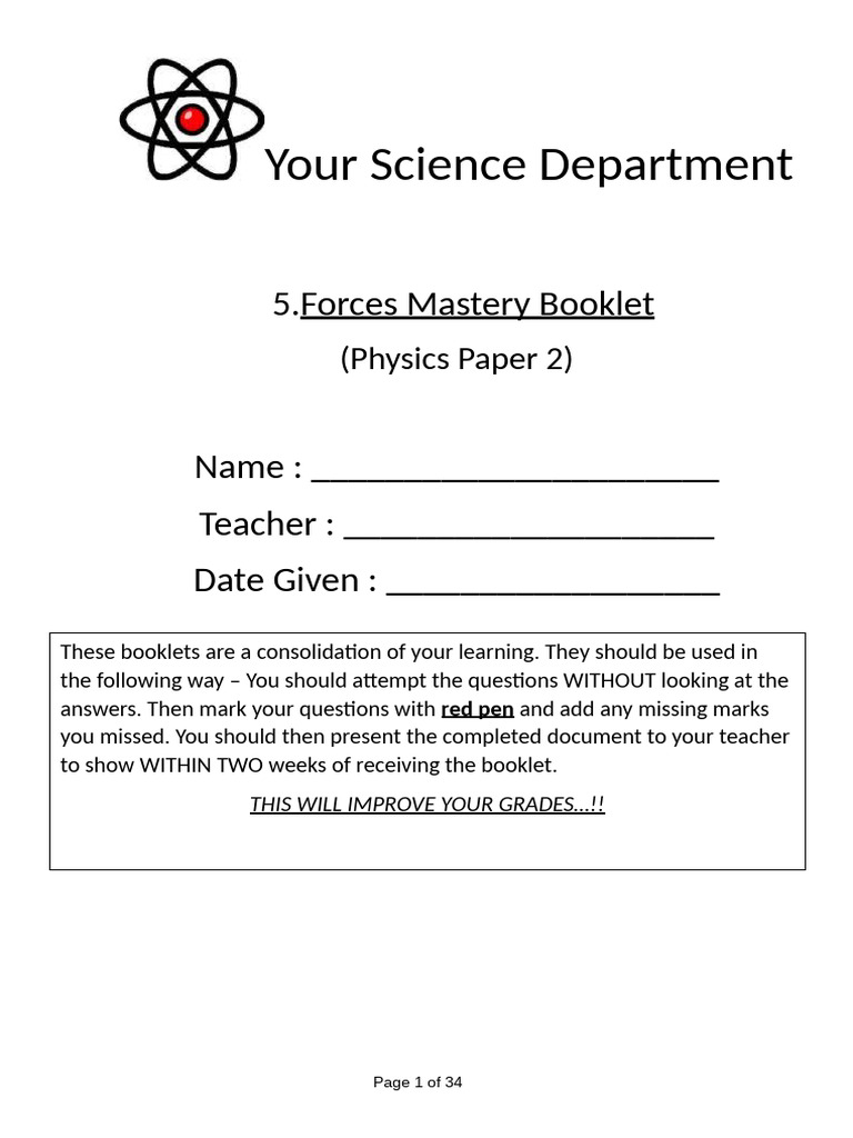 Forces Physics Mastery Booklet Paper 2 | PDF | Force | Momentum