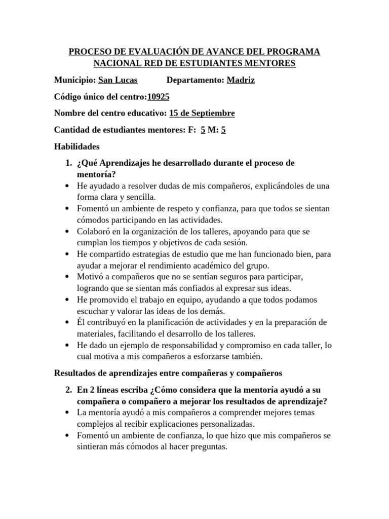 Proceso de Evaluación de Avance Del Programa Nacional Red de ...