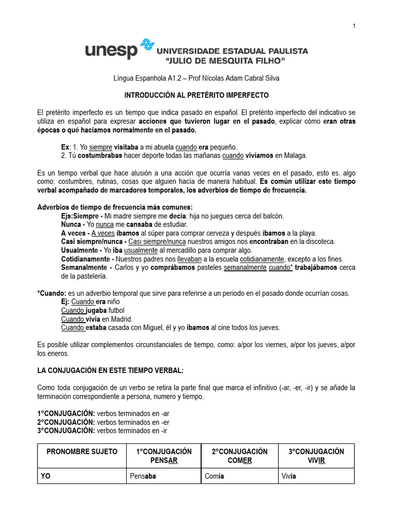 Verbos en Preterito Imperfeito | PDF | Verbo | Conjugación gramatical