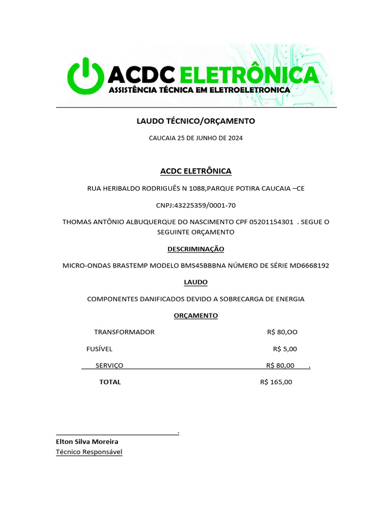 Laudo Técnico Thomas Micro. Brastemp | PDF | Casa e Jardim