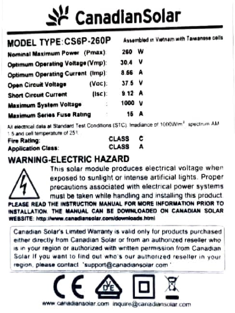 Canadian Solar CS6P-260P Specifications | PDF
