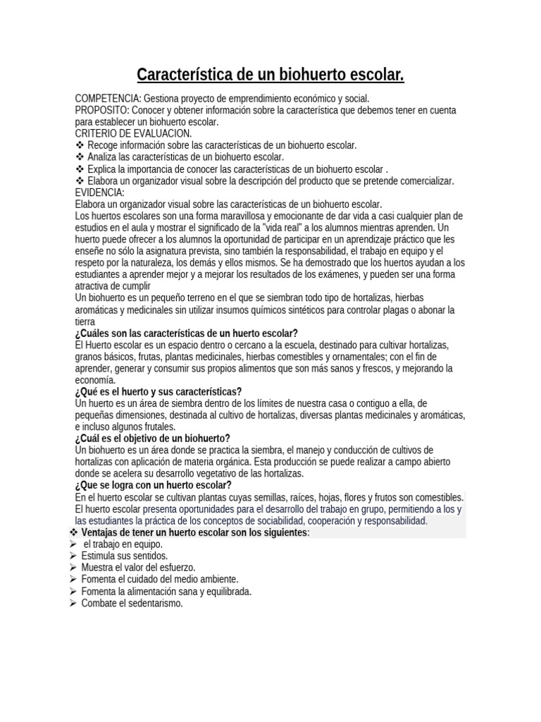 Características del Biohuerto Escolar | PDF | Huerta | Agricultura