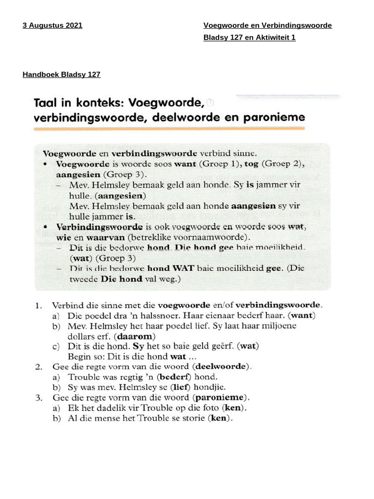 Graad 9 - Taalleer - Voegwoorde en Verbindingswoorde 3 Augustus 2021 | PDF