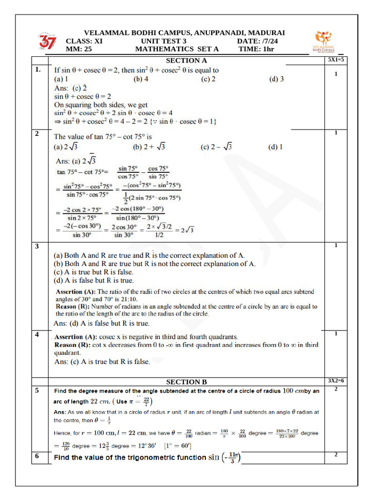 XI UT 3 SET B Trigonometric Function | PDF | Teaching Methods & Materials