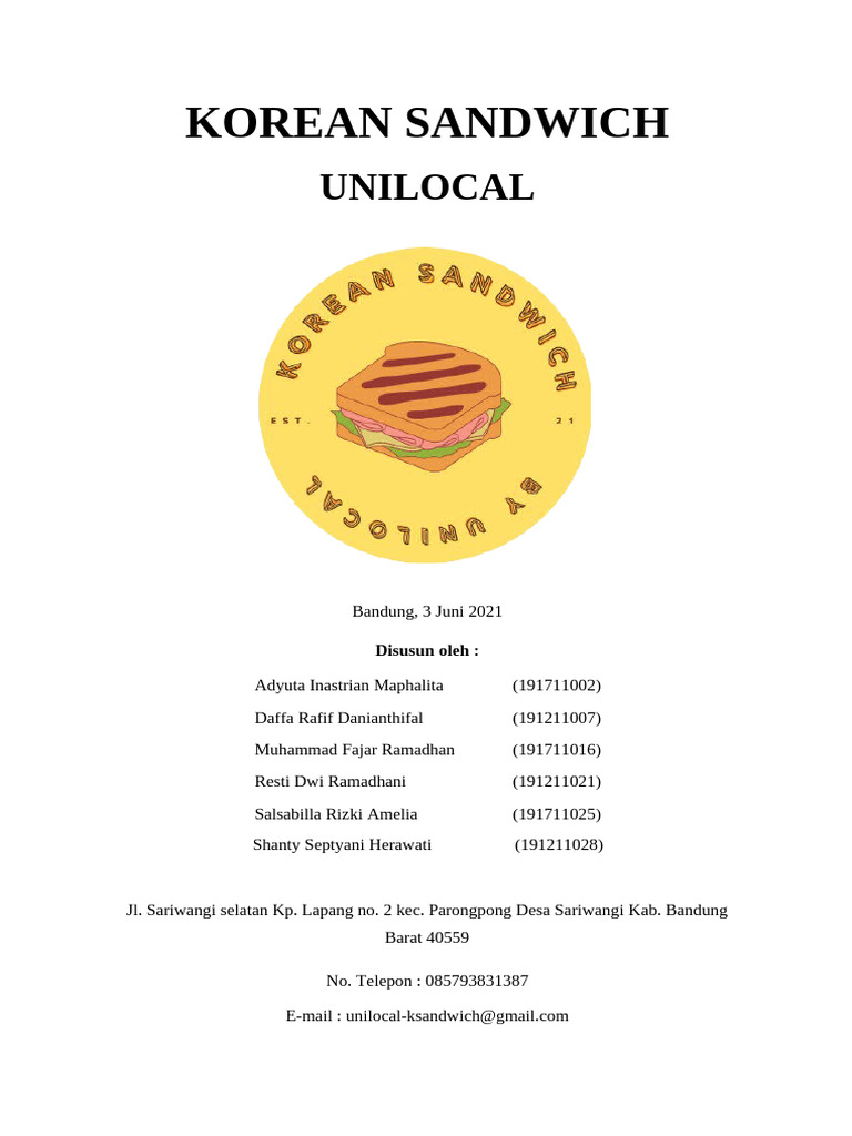 2a - Kel 2 - Laporan Business Plan Korean Sandwich Unilocal | PDF | Bisnis