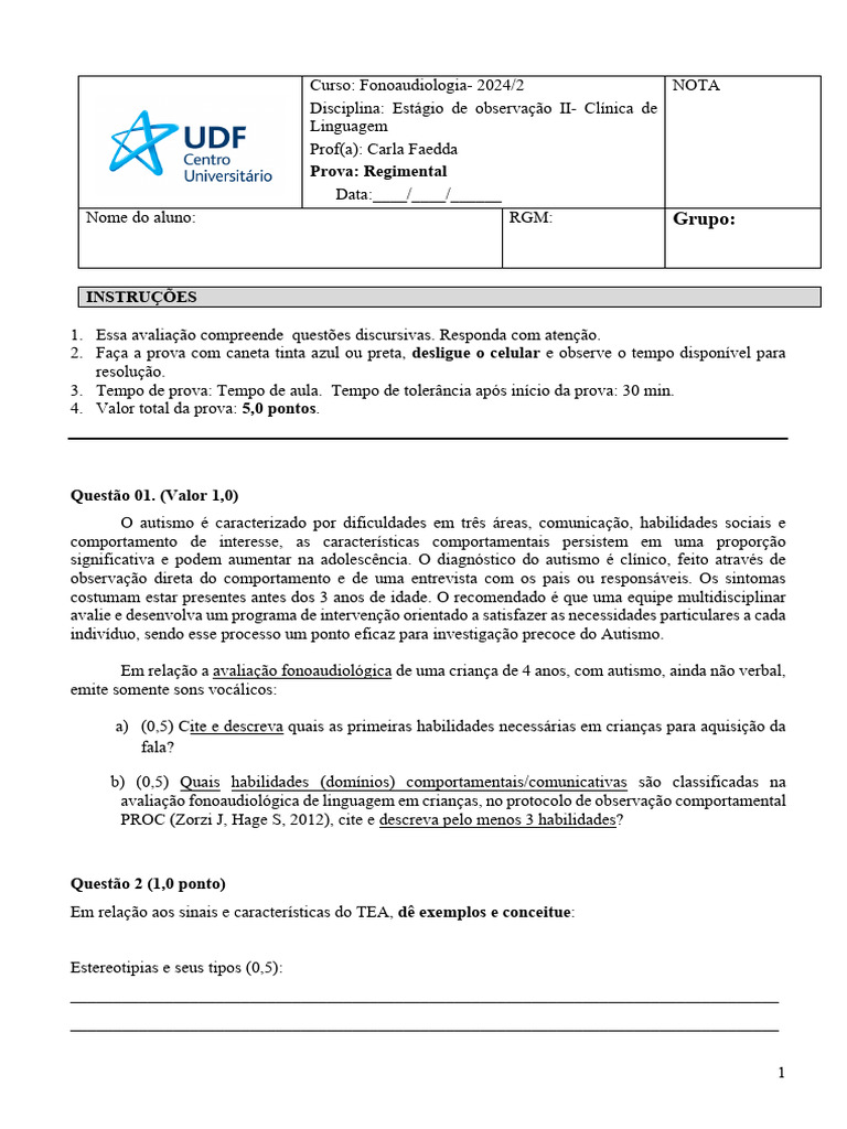 Prova Regimental Estágio Clínico I | PDF | Espectro do autismo | Comportamento