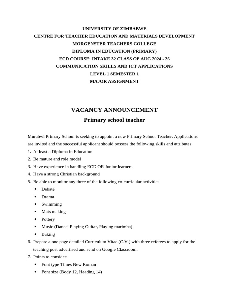 Primary Teacher Vacancy Announcement | PDF