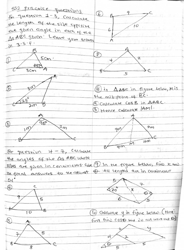 SS2 Practice Questions On Cosine Rule | PDF