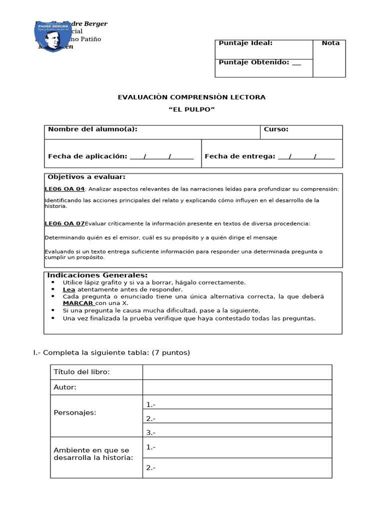 Evaluación de Comprensión Lectora: El Pulpo | PDF | Comprensión lectora