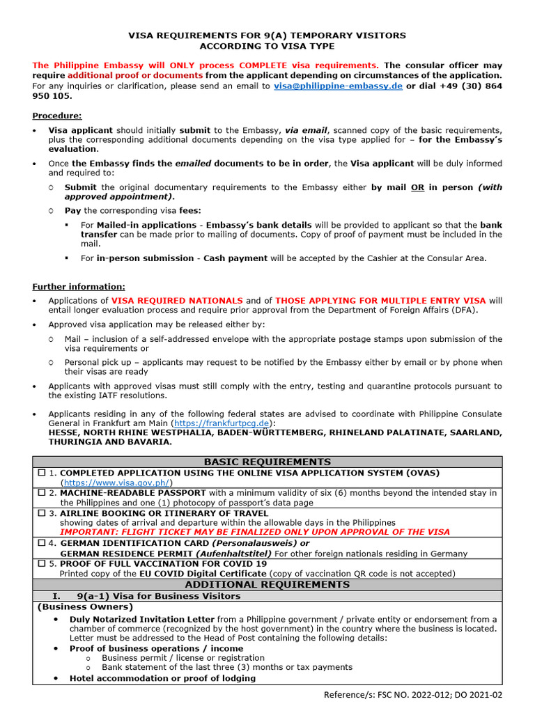 Requirements 9a Temporary Visitors 2022 Revised Pdf Travel Visa