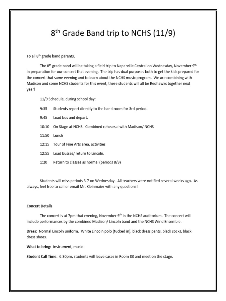 Nov. 9 8th Grade Band Trip To NCHS | PDF | Art