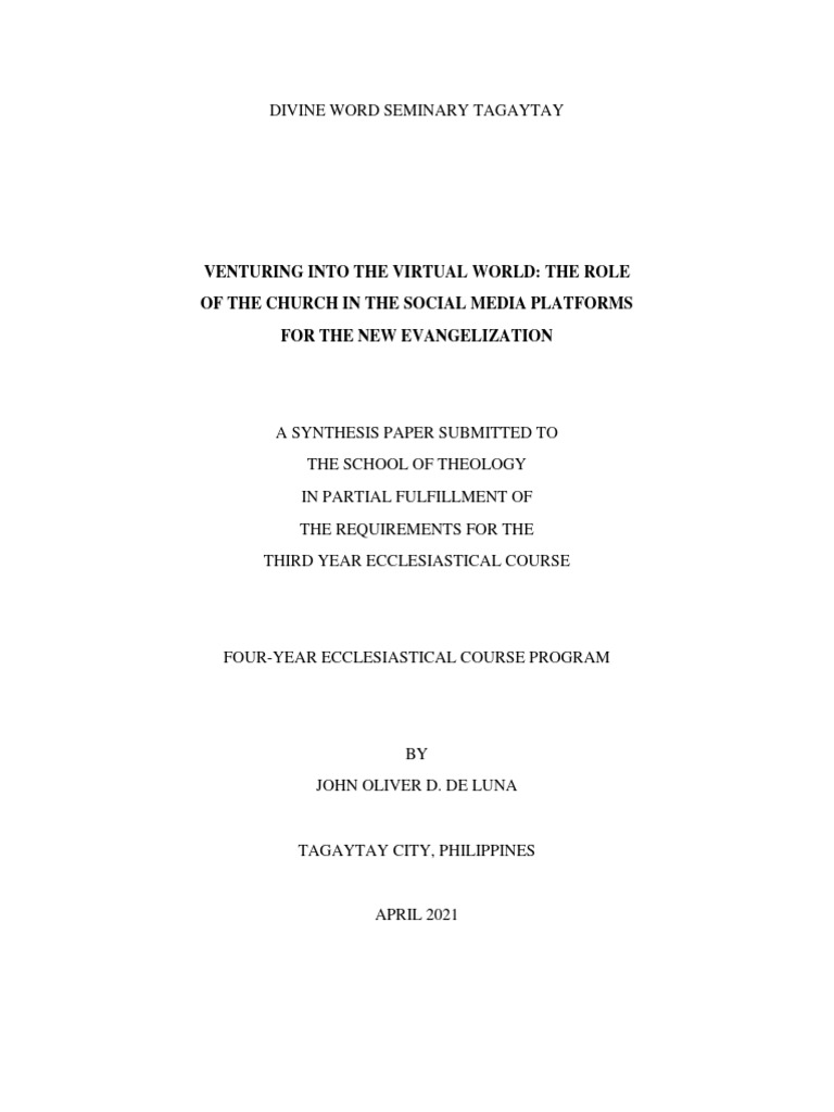 Venturing Into The Virtual World - The Role of The Church in The Social ...