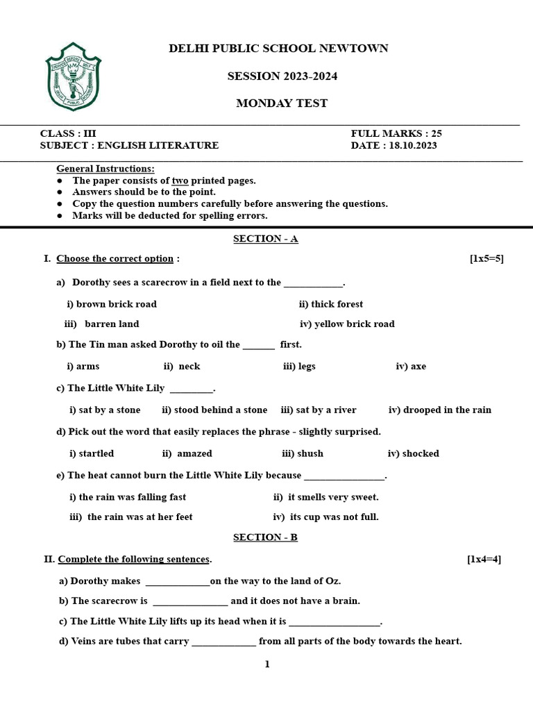 Class III English Test 2023 | PDF | Dorothy Gale