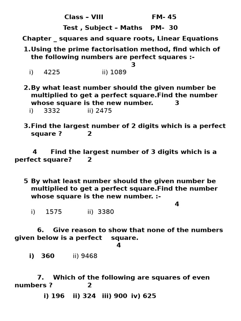 Class 8 Maths Test Square and Square Roots | PDF