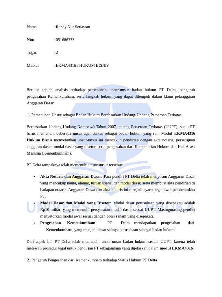 Tugas 2 Hukum Bisnis Rendy Nur Setiawan 051686333 | PDF