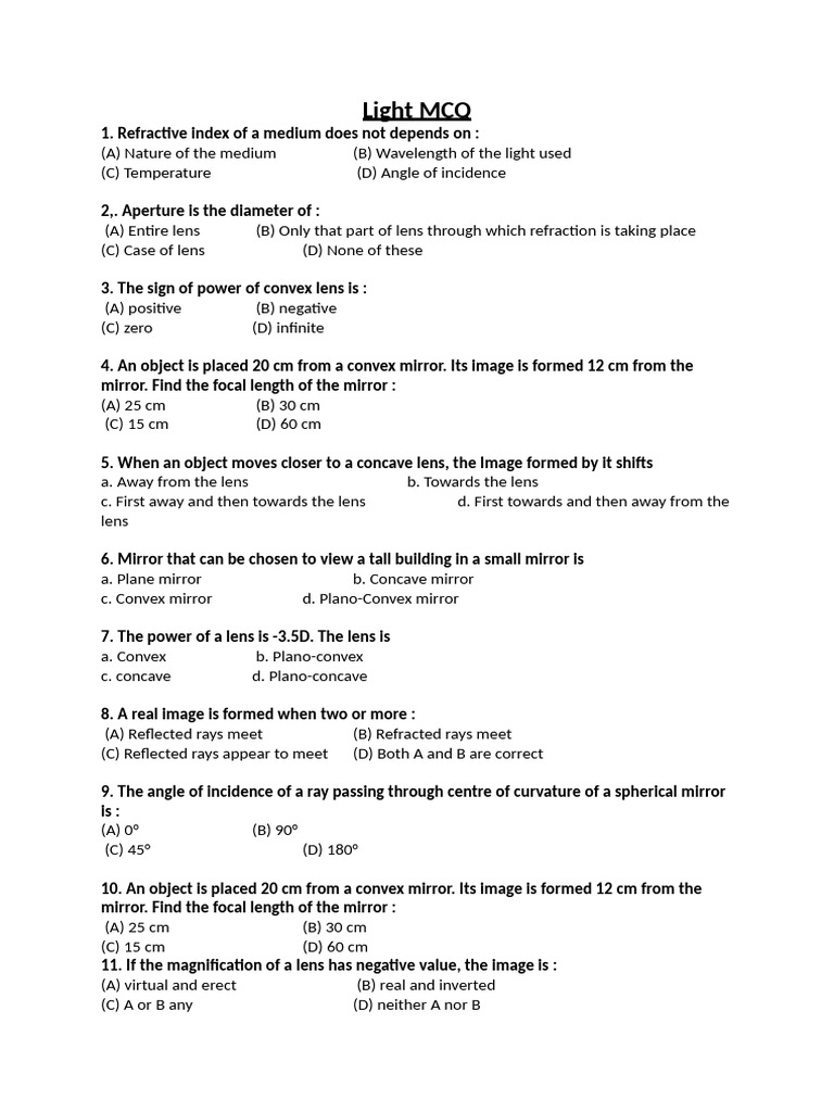 Light MCQs for Class 7 and 10 | PDF