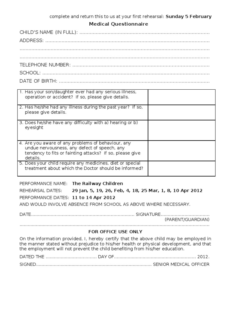 Child Performer Health Form | PDF