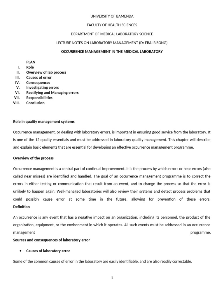 Occurrence Management in The Medical Laboratory | PDF | Laboratories ...