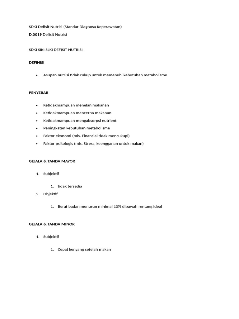 Defisit Nutrisi: Diagnosa dan Intervensi | PDF | Kesehatan Holistik