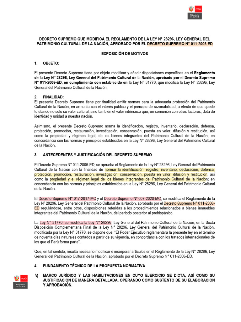 DECRETO SUPREMO #011-2006-ED Que MODIFICA LA LEY #28296 | PDF | Patrimonio cultural | Nación