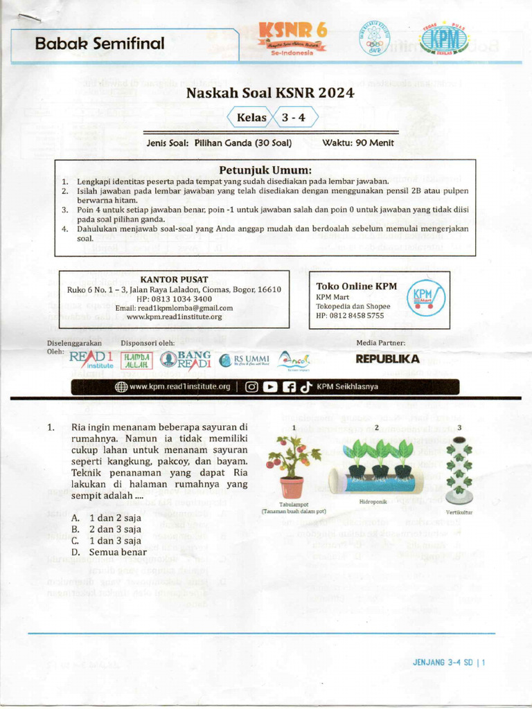 Naskah Soal KSNR Kelas 3-4 | PDF