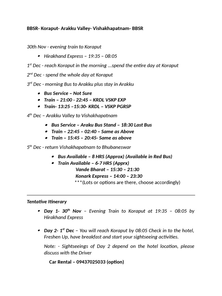 BBSR to Koraput and Araku Valley Itinerary | PDF | Religion & Spirituality