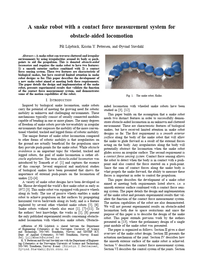 A Snake Robot With A Contact Force Measurement System For Obstacle-Aided Locomotion | PDF | Gear ...
