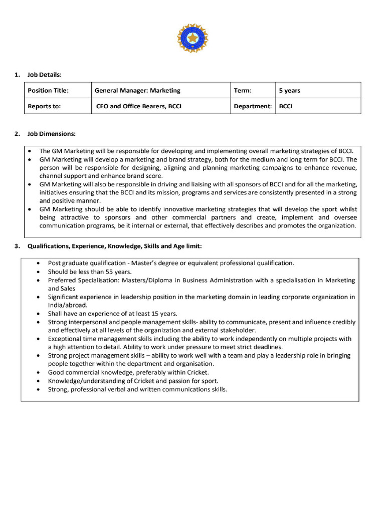 BCCI JD General Manager-Marketing 2024 | PDF