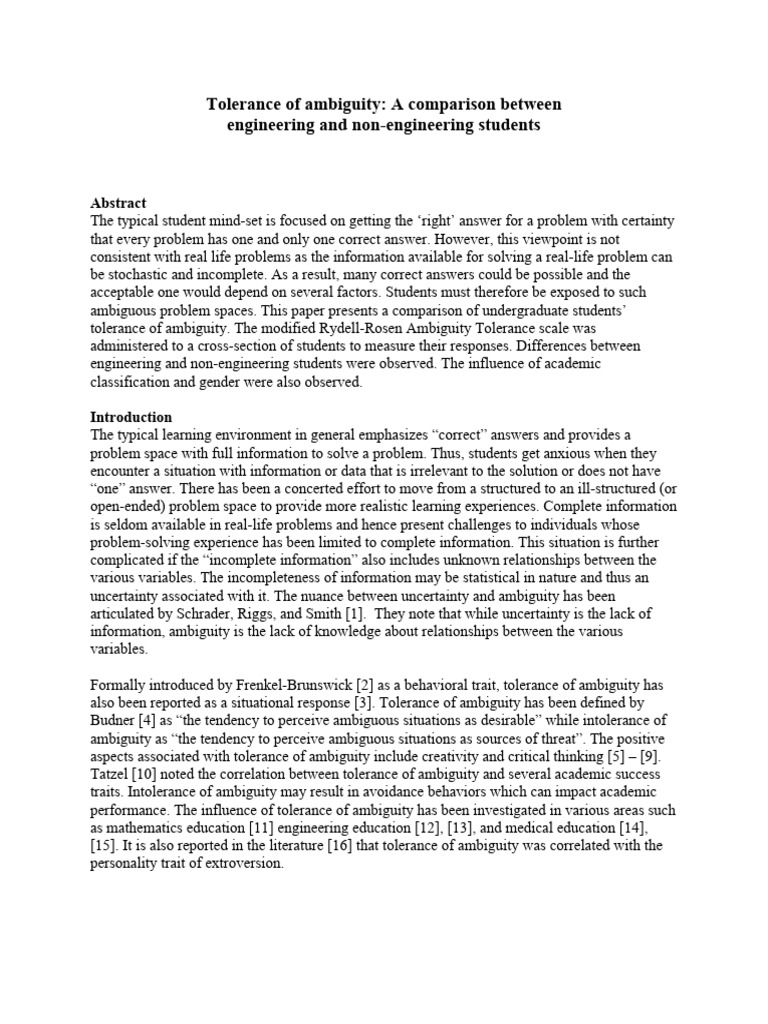 Tolerance of Ambiguity: A Comparison Between Engineering and Non ...