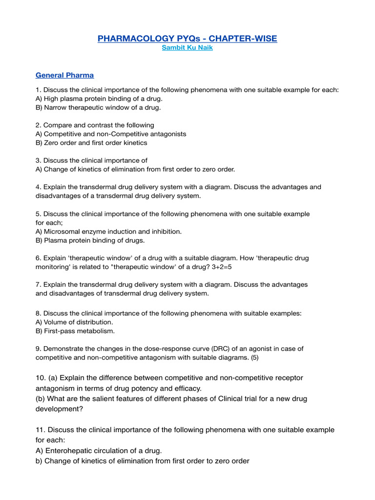 Pharma PYQs - Chapter Wise | PDF | Receptor Antagonist | Chemotherapy