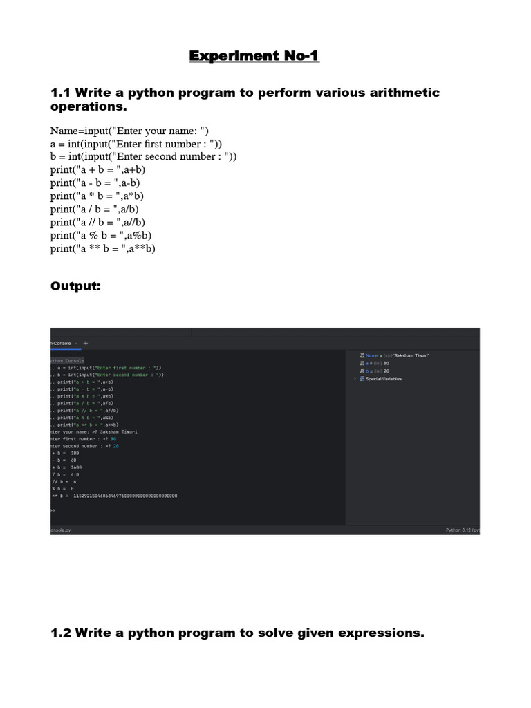 Python Arithmetic Operations Program | PDF