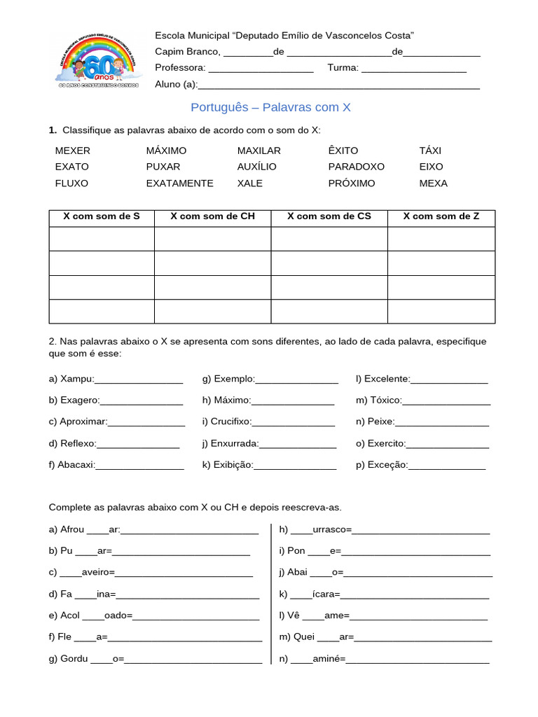 Atividade de Português - Uso Do X e Do CH | PDF