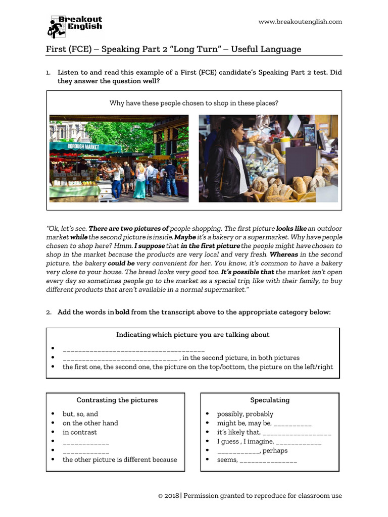 First FCE Speaking Part 2 Useful Language | PDF