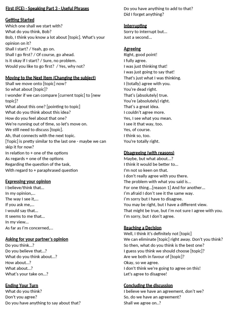 First FCE - Speaking Part 3 - Useful Phrasess | PDF