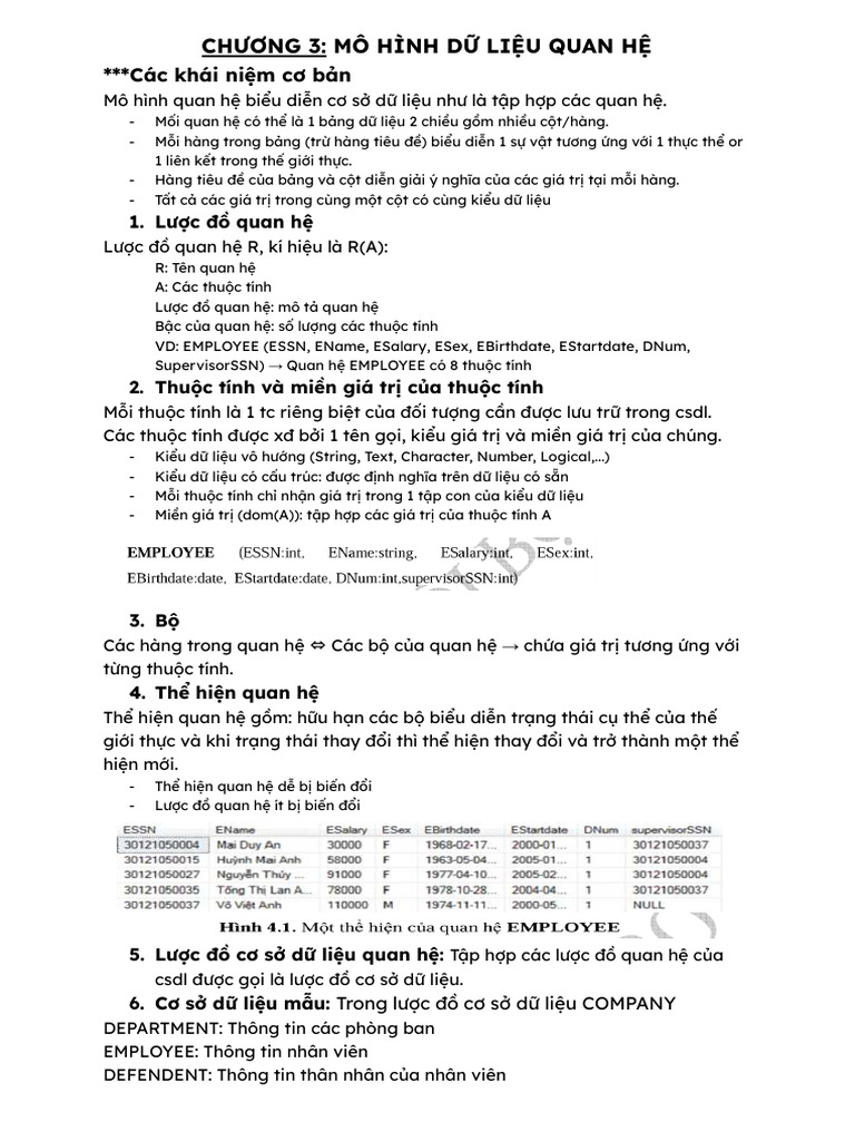 CHƯƠNG 3 - Mô hình dữ liệu quan hệ (Buổi 3,4) | PDF