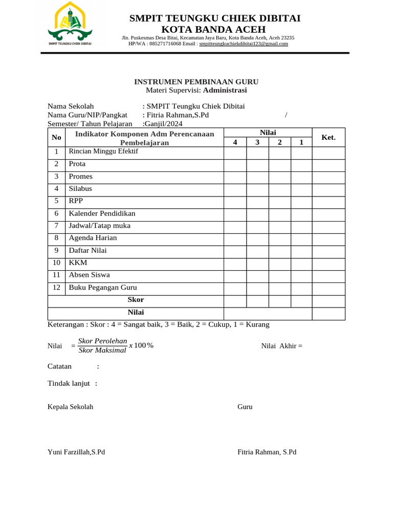 Instrumen Pembinaan dan Supervisi Guru SMPIT | PDF | Karier & Perkembangan