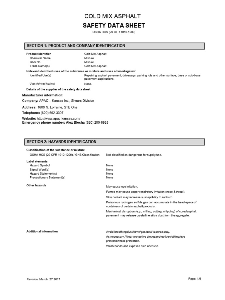 Cold Mix Asphalt MSDS Sheets. # 2. | PDF | Hazardous Waste | Waste