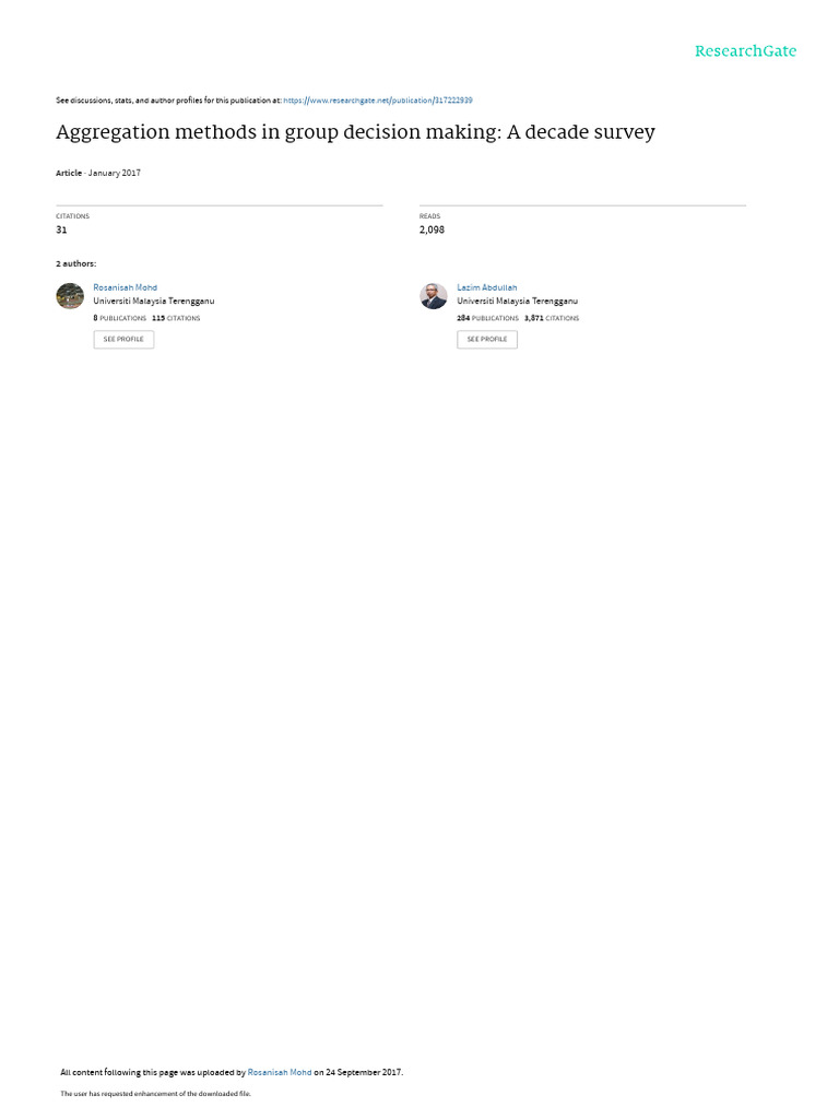 Aggregation Methods in Group Decision Making: A Decade Survey | PDF | Fuzzy Logic | Mathematics