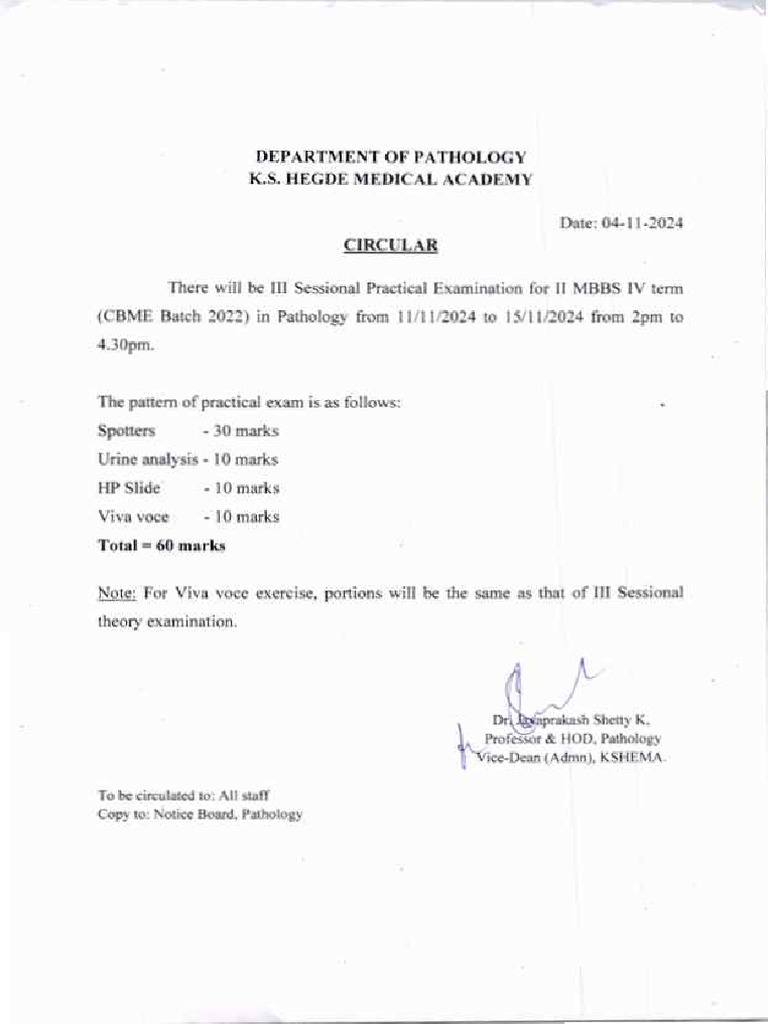 II MBBS - III Sessional Pract Exam Circular | PDF