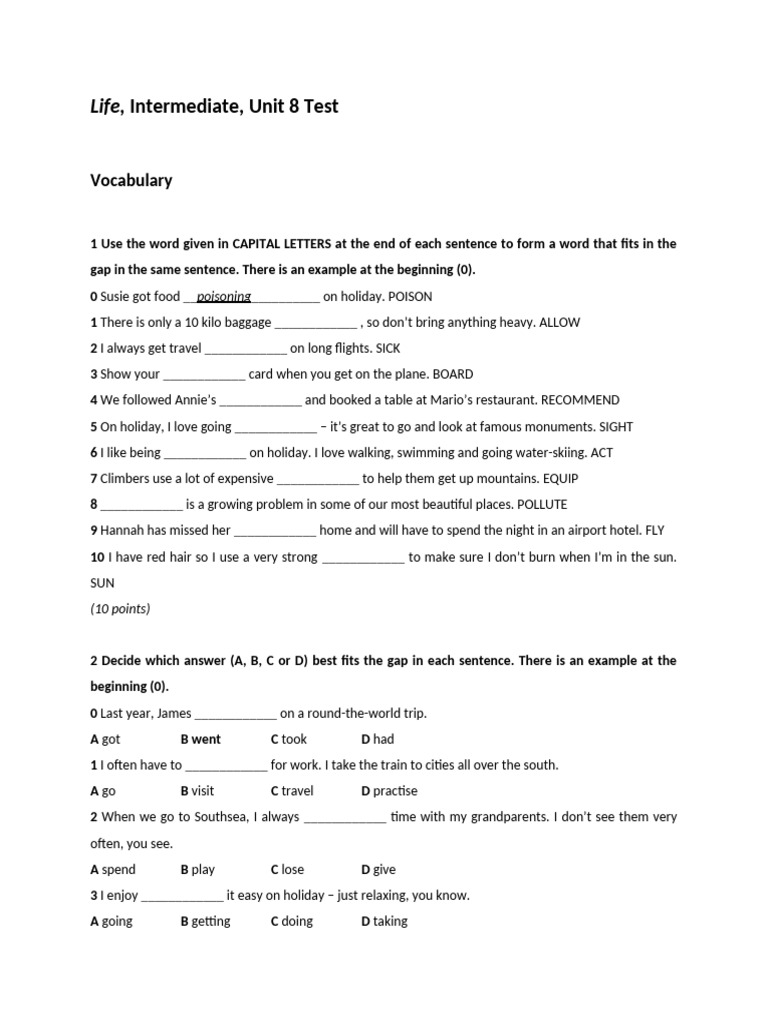 Life 2e - Intermediate - Unit 8 Test - Word | PDF | Home & Garden