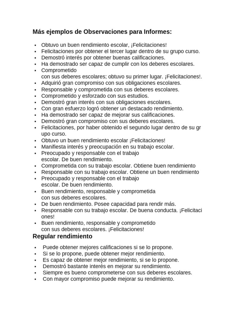 Más Ejemplos de Observaciones para Informes | PDF