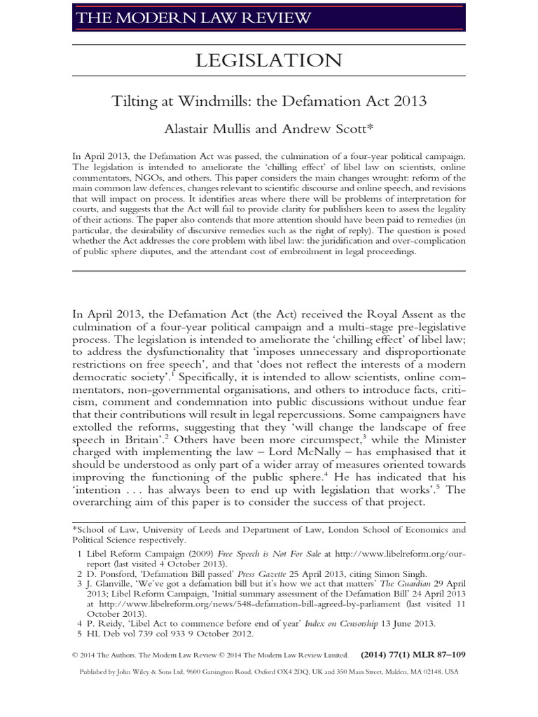 Tilting at Windmills - The Defamation Act 2013 | PDF | Defamation ...