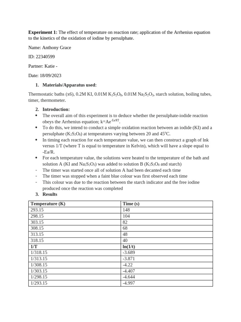 CH4003 Lab Report 1, Effect of Temp On RXN Rate (Final) | PDF | Temperature | Activation Energy