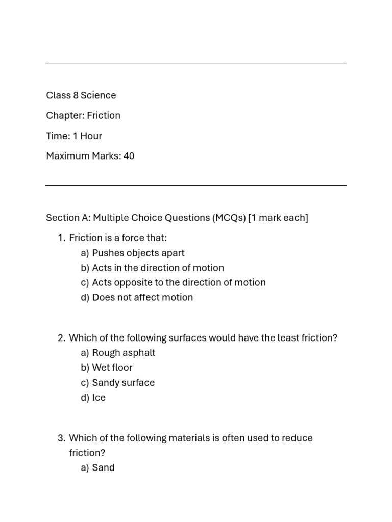 Class 8 Science Friction Worksheet | PDF | Friction | Force