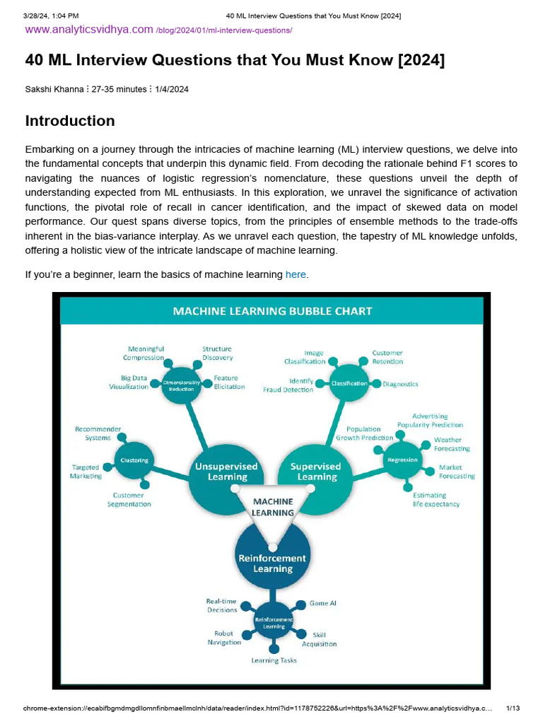 40 ML Interview Questions That You Must Know (2024) - Reader View | PDF | Machine Learning ...