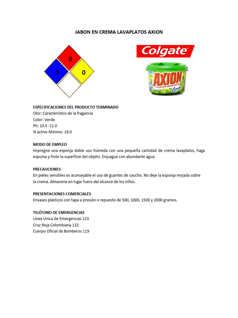 Ficha y Hoja de Segurad Jabon en Crema Lavaplatos Axion | PDF ...