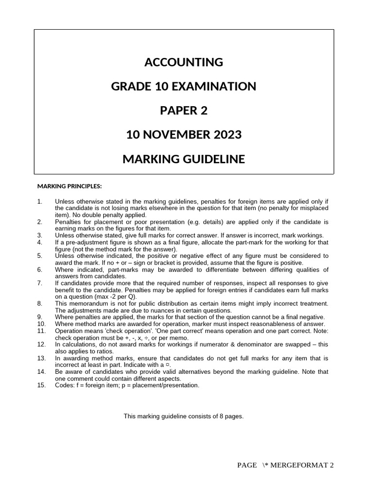 Grade 10 Accounting Exam Marking Guide | PDF | Depreciation | Stocks