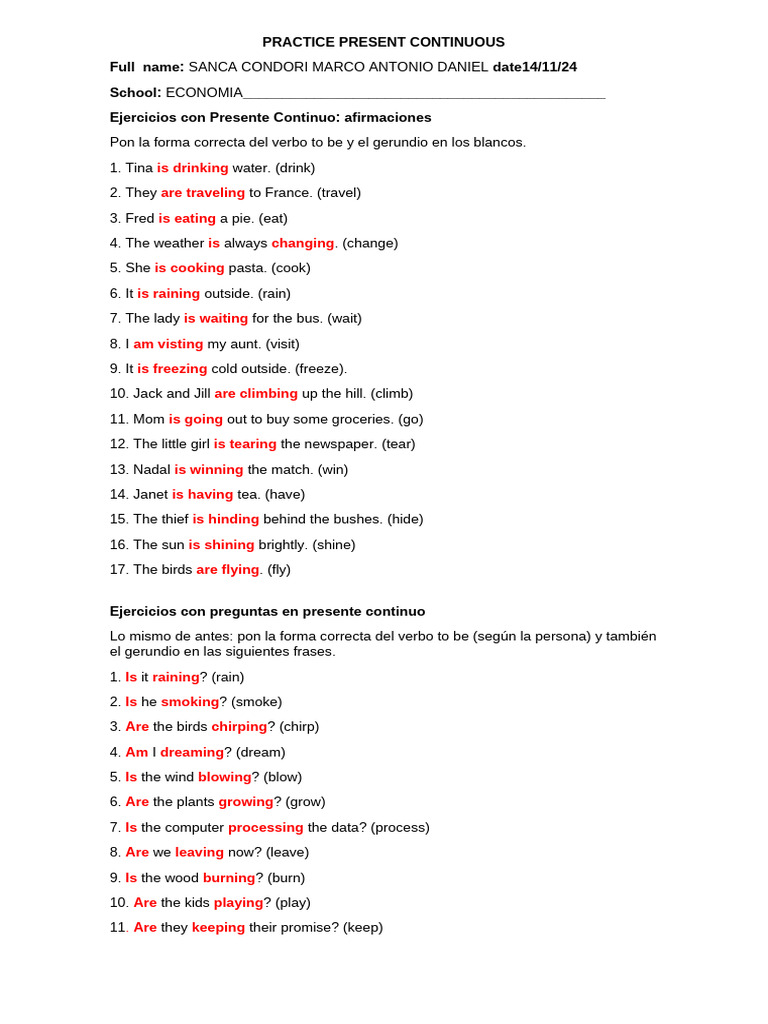Practice Present Continuo 1 | PDF